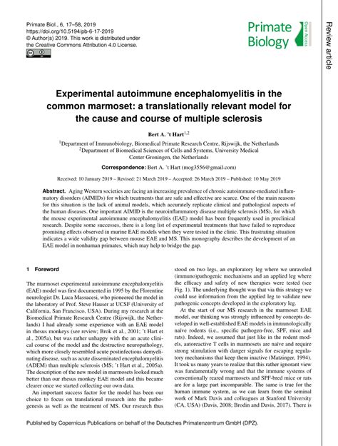 Pdf Experimental Autoimmune Encephalomyelitis In The Common Marmoset A Translationally