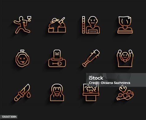 세트 라인 피 묻은 칼 도둑 마스크 살인 깨진 창 불타는 자동차 묘비와 무덤 손을 항복하고 야구 방망이 손톱 아이콘 벡터 마스크에 대한 스톡 벡터 아트 및 기타 이미지