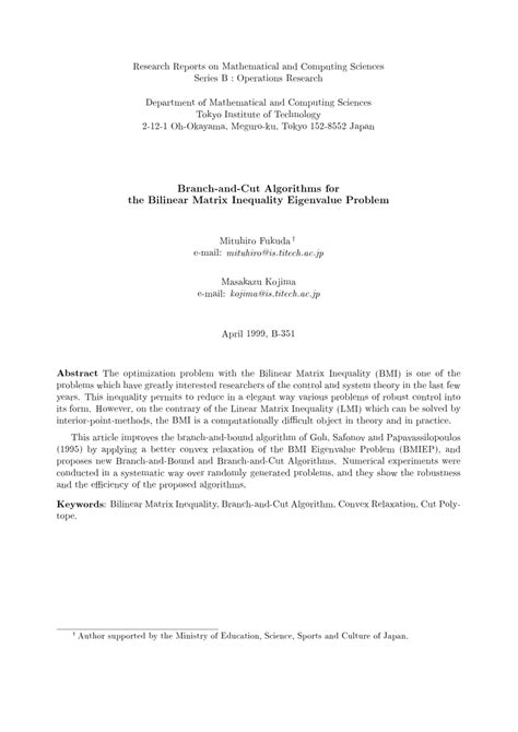 Pdf Branch And Cut Algorithms For The Bilinear Matrix Inequality Eigenvalue Problem