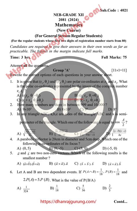 Neb Class 12 Mathematics General Stream Exam Paper 2081 2024