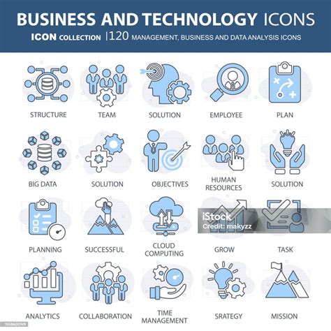 비즈니스 데이터 분석 조직 관리 및 기술 아이콘 세트입니다 팀워크 전략 계획 마케팅 클라우드 기술 데이터 분석 직원 아이콘 세트