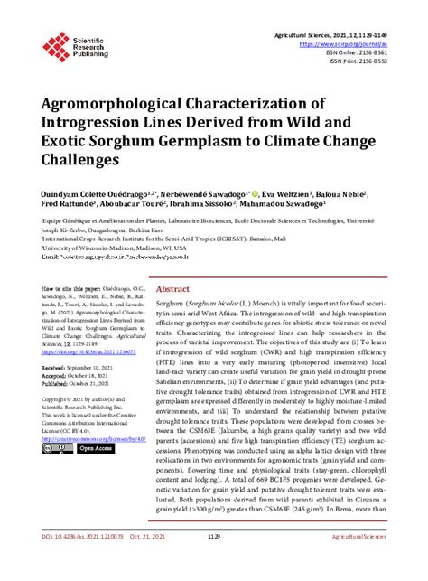 Pdf Agromorphological Characterization Of Introgression Lines Derived From Wild And Exotic