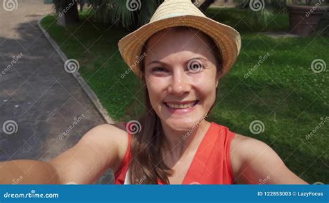 Pov Portrait Of Woman In Green Park Female Traveler Smiling And Making