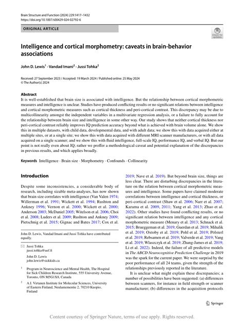 Pdf Intelligence And Cortical Morphometry Caveats In Brain Behavior