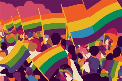 Lgbt 커뮤니티 퍼레이드 플래그 Lgbtq 프라이드에 관대한 사람들 프리미엄 벡터