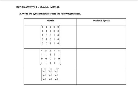Solved Matlab Activity 2 Matrix In Matlab A Write The
