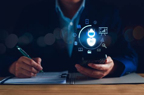 채팅gpt 채팅 개념 Ai 인공 지능 기술 스마트 로봇 Ai를 사용하는 사업가 명령 프롬프트 입력 비즈니스 정보 분석을 위한