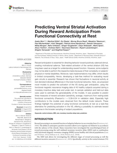 Pdf Predicting Ventral Striatal Activation During Reward Anticipation From Functional