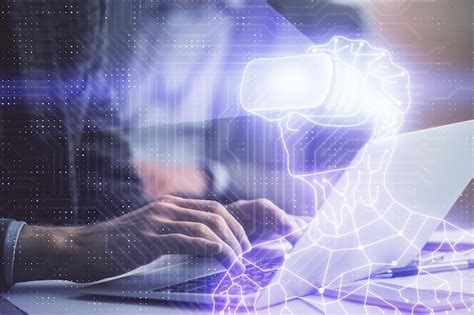 Premium Photo Ar Hologram With Man Working On Computer On Background