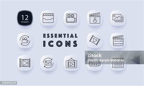 비디오 제작 세트 아이콘입니다 클래퍼보드 카메라 동영상 녹화 사진 갤러리 비디오 재생 영화 제작 미디어 편집 애니메이션 스토리보드 콘텐츠 제작 계획에 대한 스톡 벡터 아트