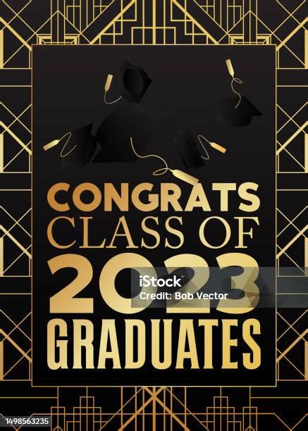 2023년 졸업 디자인 템플릿의 블랙과 골드 클래스입니다 빈티지 파티 초대장 축하 이벤트 인사말 카드 복고풍 아르데코 요소가 있는 벡터 고등학교 또는 대학 졸업 포스터