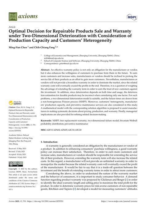 Pdf Optimal Decision For Repairable Products Sale And Warranty Under Two Dimensional