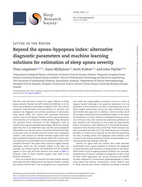 Pdf Beyond The Apnea Hypopnea Index Alternative Diagnostic Parameters And Machine Learning