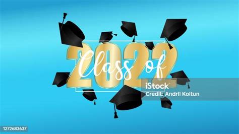 밝은 파란색 그라데이션 배경에 2022 의 클래스 교육 학술 블랙 캡 황금 번호를 던져 졸업 디자인 고등학교 대학 연감 템플릿 벡터 일러스트레이션 2022년에 대한 스톡