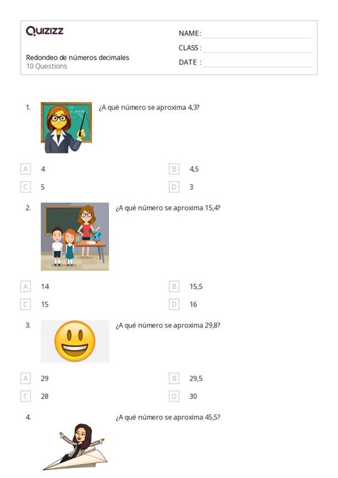 50 redondeo de decimales hojas de trabajo en quizizz gratis e imprimible