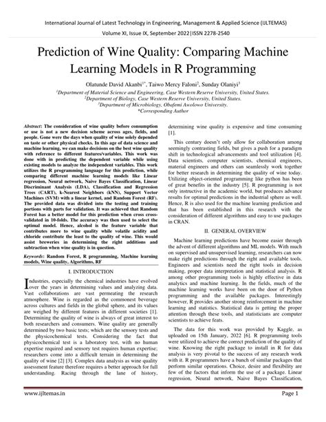 PDF Prediction Of Wine Quality Comparing Machine Learning Models In R Programming