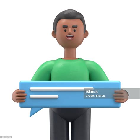 흰색 배경 위에 고립 된 텍스트 버블 구름 아이콘을 들고 웃는 아프리카 계 미국인 남자 데이비드의 3d 그림 소셜 네트워크 메시지 개념 3d 렌더링 그림 라틴 아메리카