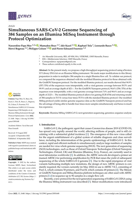 Pdf Simultaneous Sars Cov 2 Genome Sequencing Of 384 Samples On An Illumina Miseq Instrument
