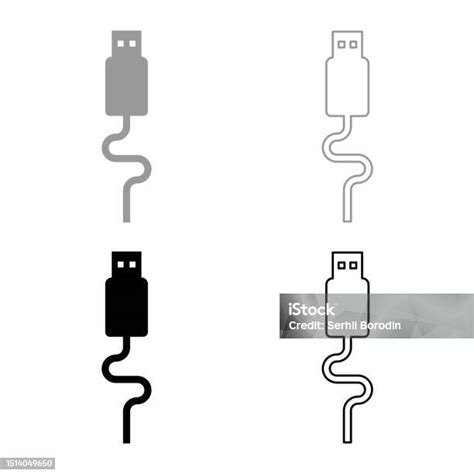 Usb 케이블 커넥터 유형 A 데이터 세트 아이콘 회색 검정 색상 벡터 그림 이미지 단색 채우기 윤곽선 등고선 얇은 플랫 스타일 Usb 케이블에 대한 스톡 벡터 아트 및