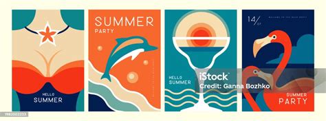 여름 속성을 가진 복고풍 여름 포스터 세트입니다 칵테일 실루엣 플라밍고 수영복을 입은 소녀 돌고래 실루엣 벡터 일러스트 레이 션