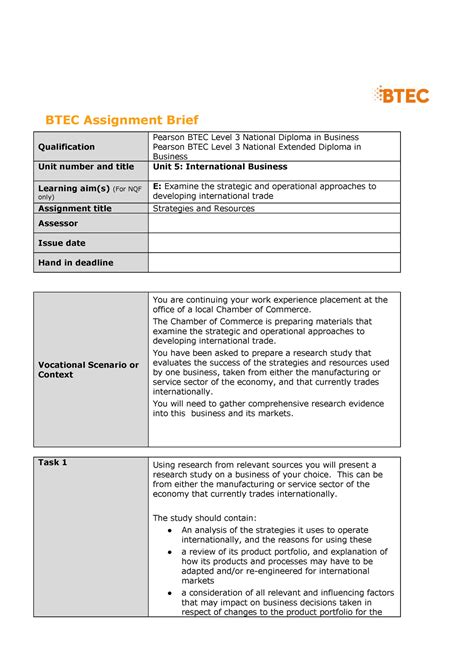 Authorised Assignment Brief For Learning Aim E Unit 5 International Business Version 1 April