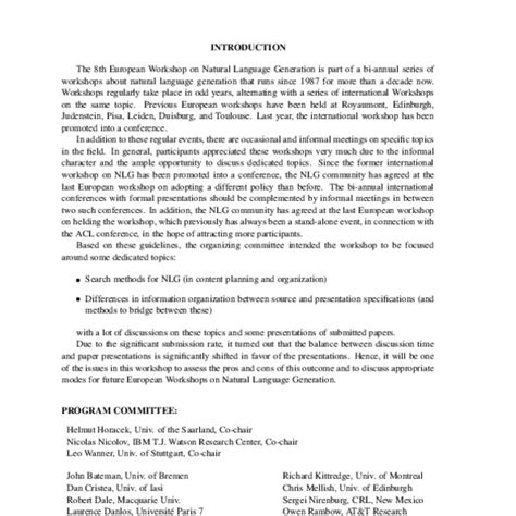 Proceedings Of The Acl 2001 Eighth European Workshop On Natural Language Generation Ewnlg