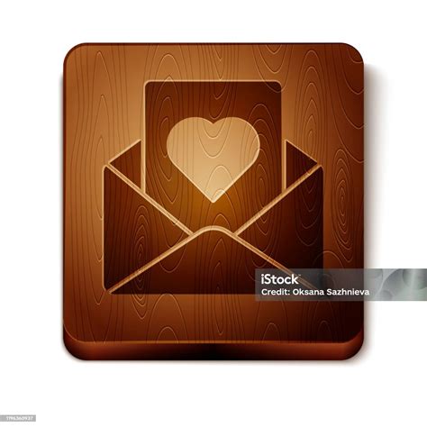 흰색 배경에 고립 된 발렌타인 하트 아이콘갈색 봉투 메시지 사랑 편지 사랑과 로맨스 나무 사각형 버튼입니다 벡터 일러스트레이션 2월에 대한 스톡 벡터 아트 및 기타 이미지