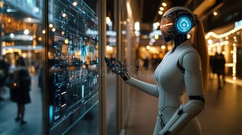 A Futuristic Ai Powered Humanoid Robot Interacting With A Holographic