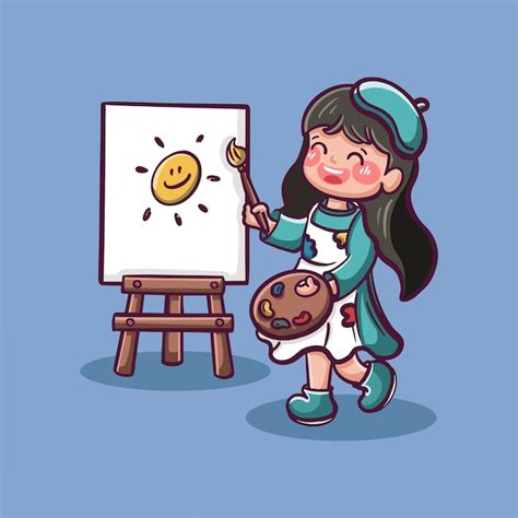 캔버스에 그림을 그리는 행복한 귀여운 꼬마 소녀 프리미엄 벡터
