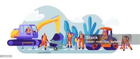 건설 기계와 작업 사람들이도로 수리 굴 삭 기 및 아스팔트 유지 보수를 만드는 무거운 차량 롤링 기계 및 경고 표지판 건설 만화 평면 벡터 일러스트 건설 산업에 대한 스톡