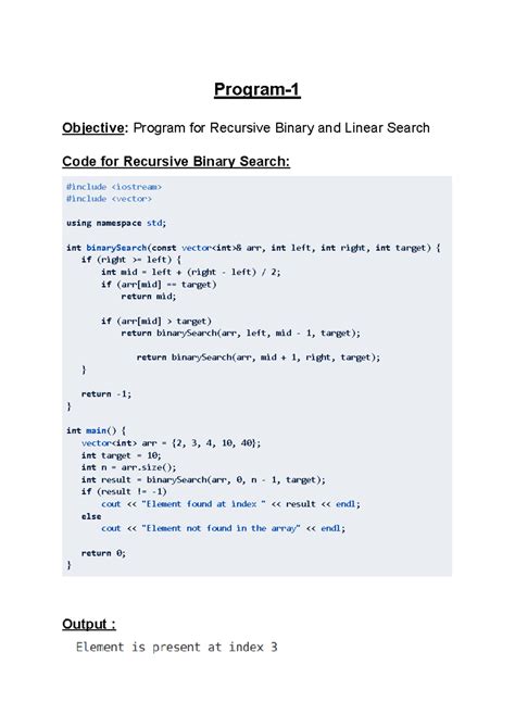 daa practical file program objective program for recursive binary and linear search code for