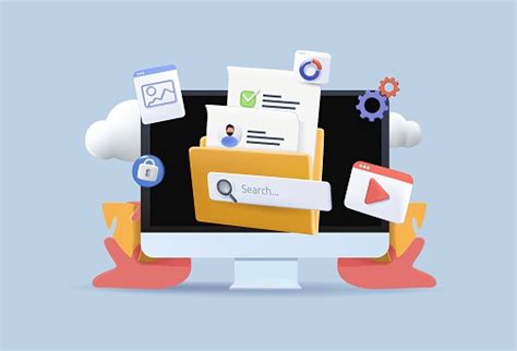 체계적인 아카이브 데이터베이스 3d 일러스트레이션에서 파일 검색 기록 관리 기록 및 정보 관리 문서 추적 시스템 개념 현대 벡터 고립 그림 3차원 형태에 대한 스톡 벡터