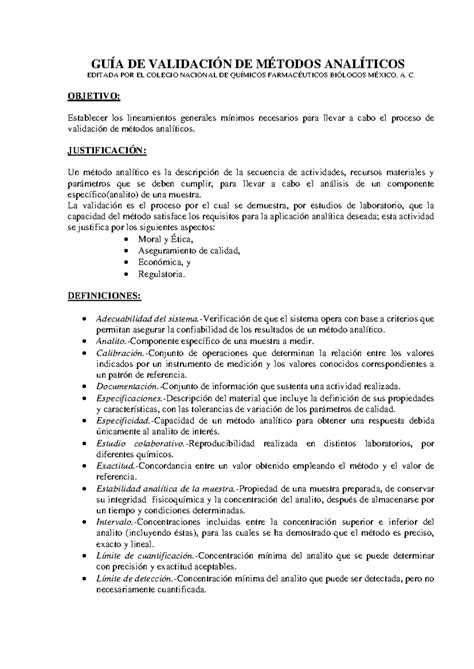 Guia De Validacion De Metodos Analiticos Qfb GuÍa De ValidaciÓn De