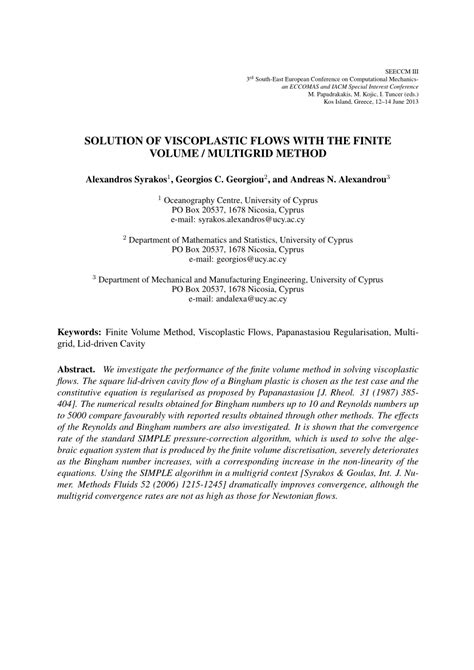 Pdf Solution Of Viscoplastic Flows With The Finite Volume Multigrid