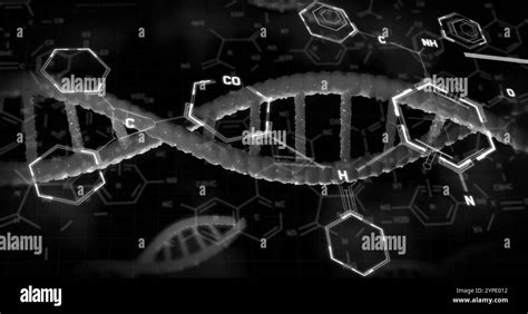 Image Of Chemical Formula And Dna Strand On Black Background Stock