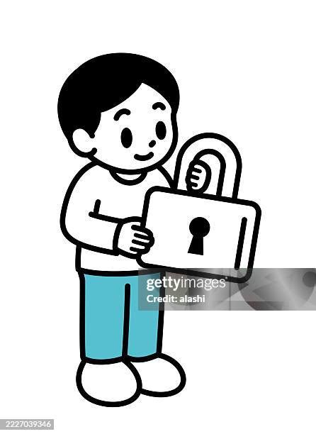 A Cute Boy Holding A Padlock With A Keyhole Threequarter Front View