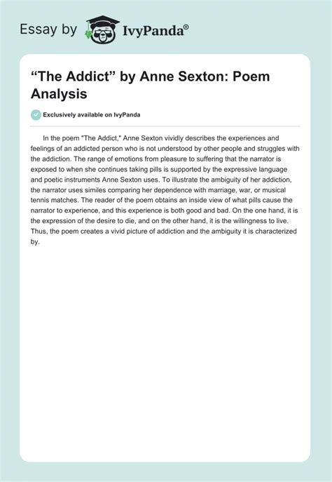 The Addict By Anne Sexton Poem Analysis 146 Words Essay Example