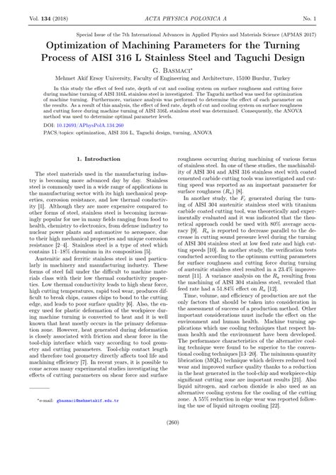 Pdf Optimization Of Machining Parameters For The Turning Process Of Aisi 316 L Stainless Steel