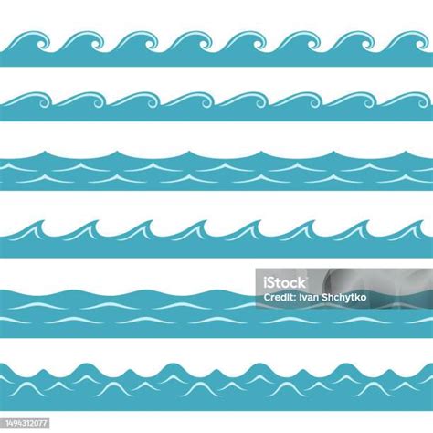 벡터 바다 또는 바다 흰색에 고립된 푸른 파도의 간단한 평면 그림 이음새가 없는 바다 본 테두리 구조 디자인 요소 집합입니다 파도 패턴에 대한 스톡 벡터 아트 및 기타