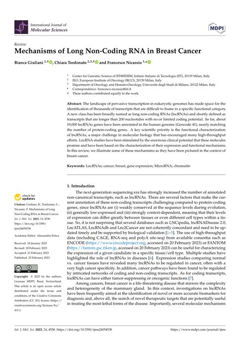 PDF Mechanisms Of Long Non Coding RNA In Breast Cancer