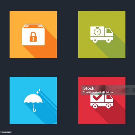 잠긴 패키지 배달 트럭 및 스톱워치 우산 빗방울 및 확인 표시 아이콘을 설정합니다 벡터 교정쇄에 대한 스톡 벡터 아트 및 기타 이미지 Istock