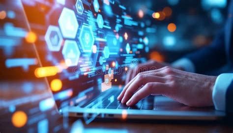 Futuristic Digital Technology Interface With Holographic Displays And Data Visualization Stock