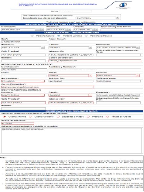 Formulario De Reclamo Super De Bancos Pdf