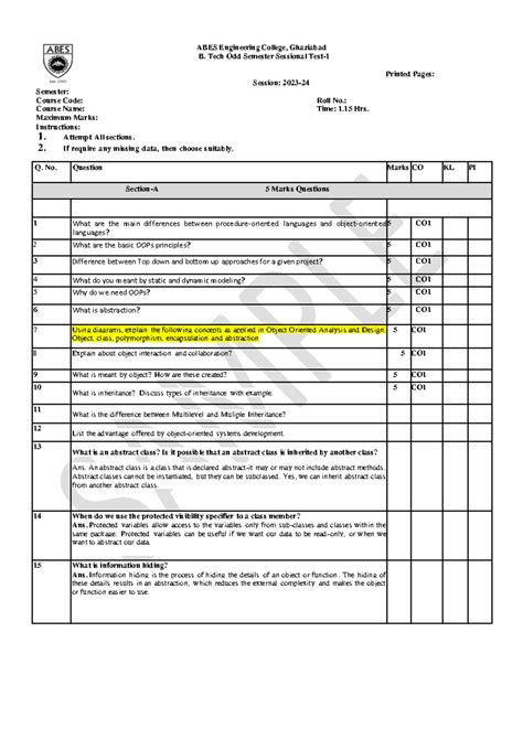 Oosd Ques Bank Of Unit 1 And 2 Abes Engineering College Ghaziabad B Tech Odd Semester