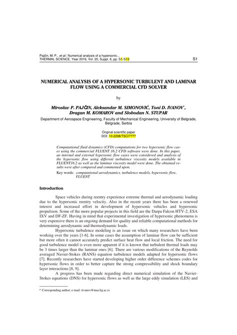 Pdf Numerical Analysis Of A Hypersonic Turbulent And Laminar Flow Using A Commercial Cfd Solver