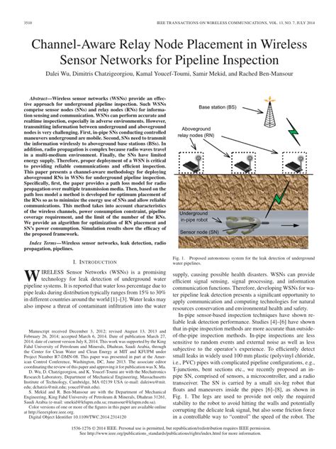 PDF Channel Aware Relay Node Placement In Wireless Sensor Networks For Pipeline Inspection