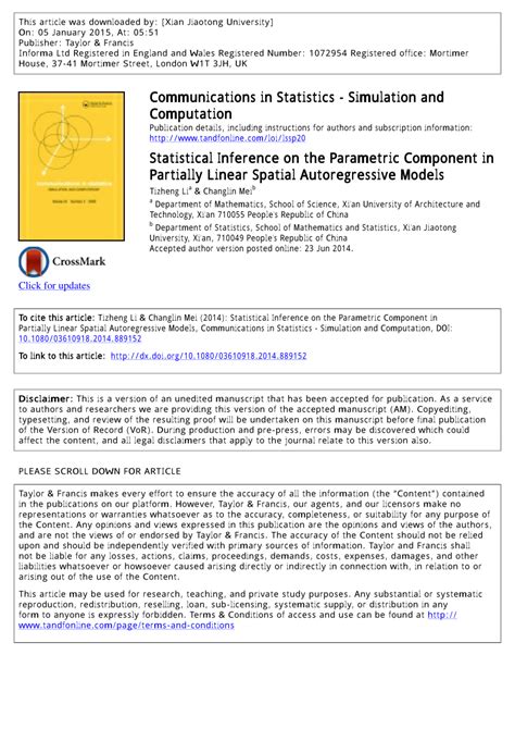 Pdf Statistical Inference On The Parametric Component In Partially Linear Spatial