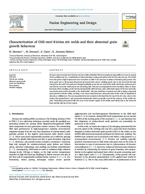 Pdf Characterization Of Ods Steel Friction Stir Welds And Their Abnormal Grain Growth Behaviour