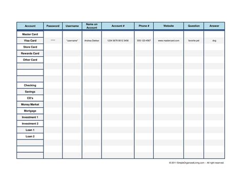 Free Printable Password List Templates Excel PDF Alphabetical