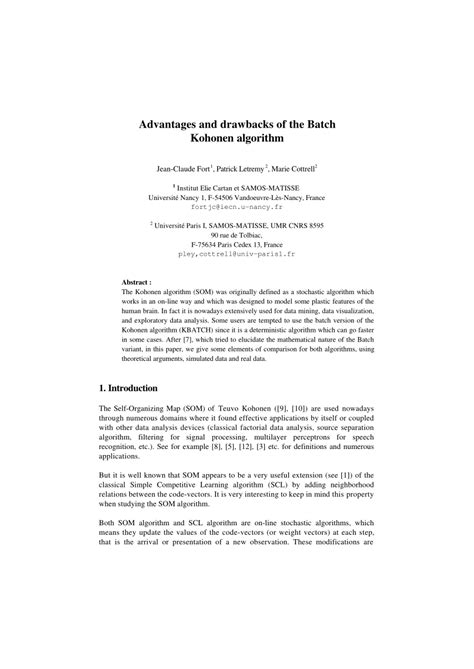 Pdf Advantages And Drawbacks Of The Batch Kohonen Algorithm